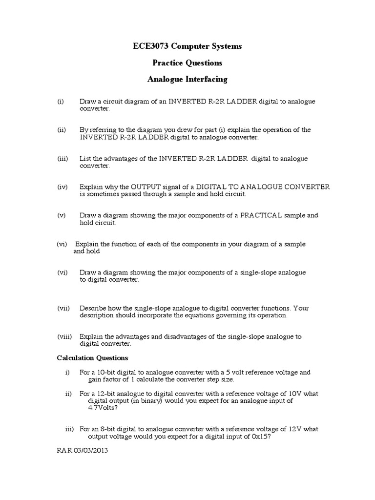 ECE3073 Computer Systems Practice Questions Analogue Interfacing | PDF