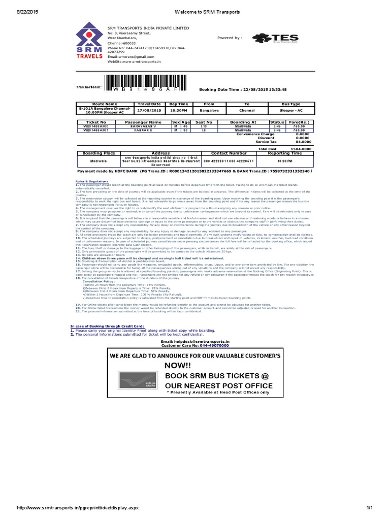SRM Transports booking confirmation and itinerary | PDF | Ticket ...
