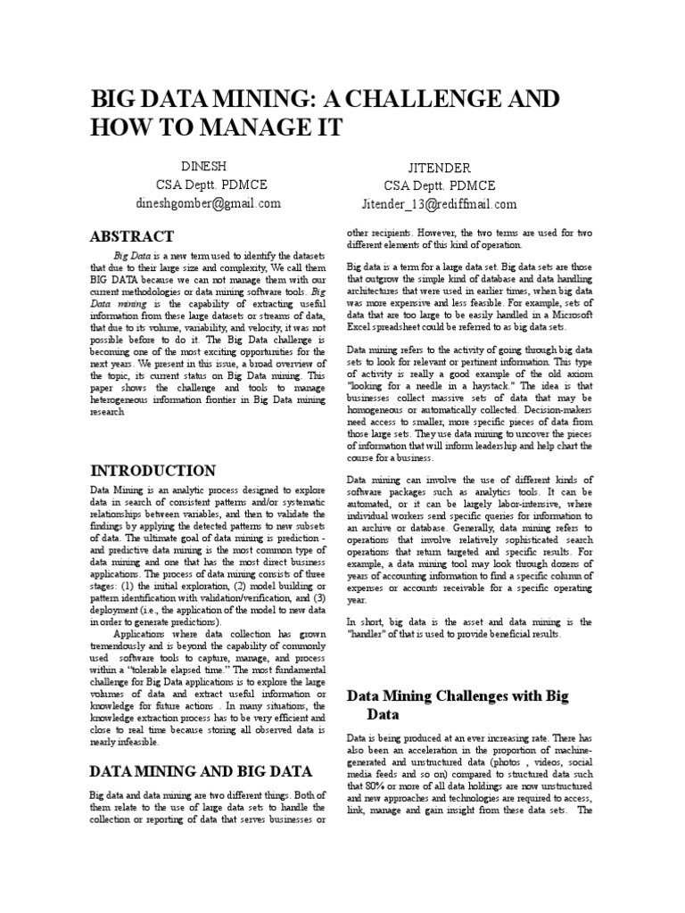 Big Data Mining: A Challenge and How To Manage It: Csa Deptt. Pdmce ...