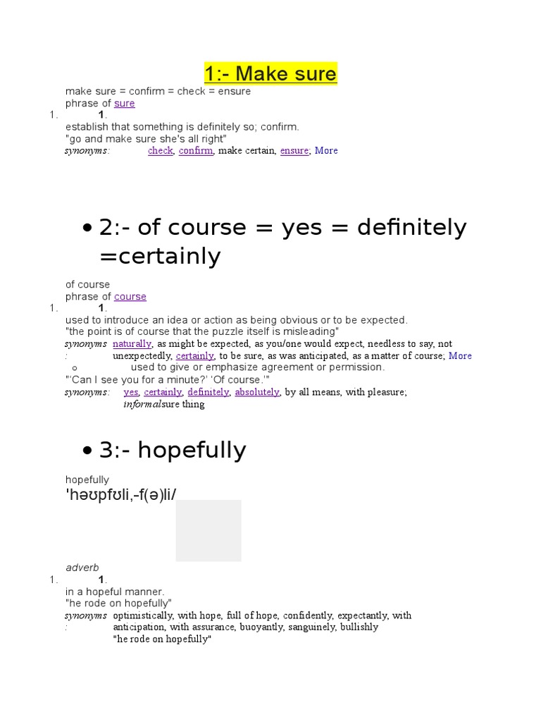2:-Of Course Yes Definitely Certainly: 1: - Make Sure | PDF