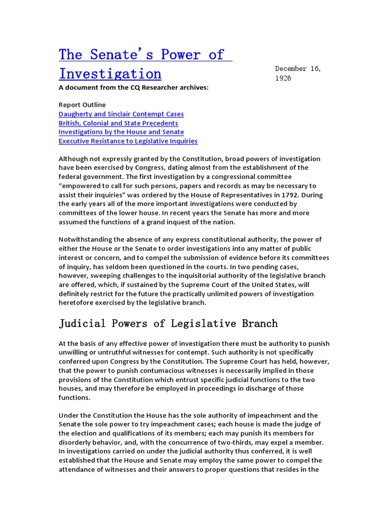 The Senate's Power of Investigation. (1926) . | PDF | United States ...
