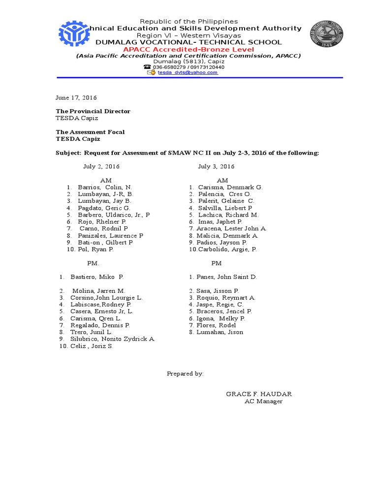 Technical Education and Skills Development Authority Dumalag Vocational ...
