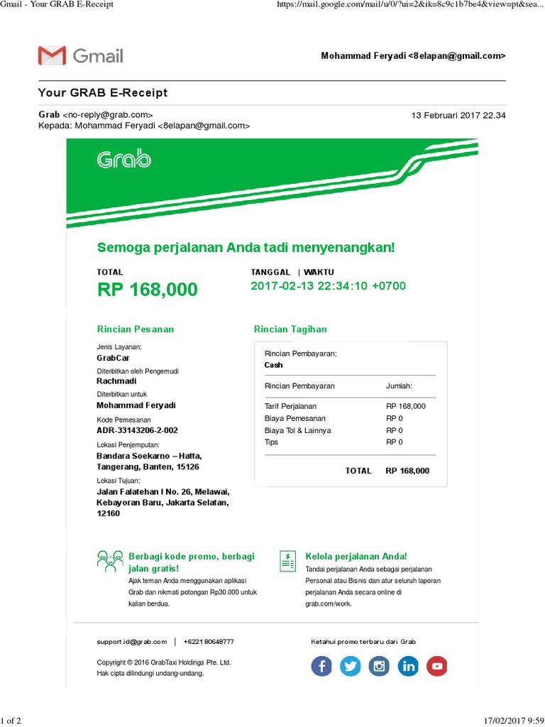 Gmail Your GRAB E Receipt Berangkat