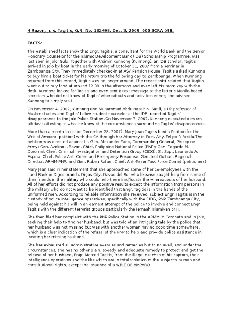 4 Razon, Jr. v. Tagitis, G.R. No. 182498, Dec. 3, 2009, 606 SCRA 598 ...