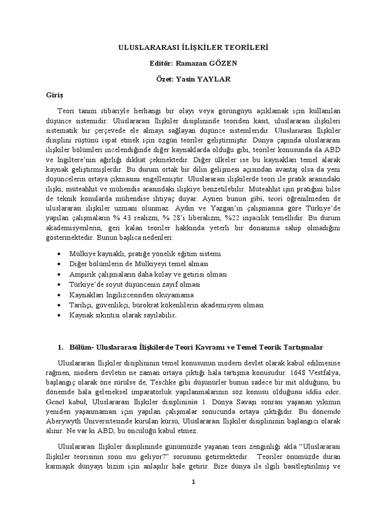 Uluslararasi Iliskiler Teorileri Ozet | PDF