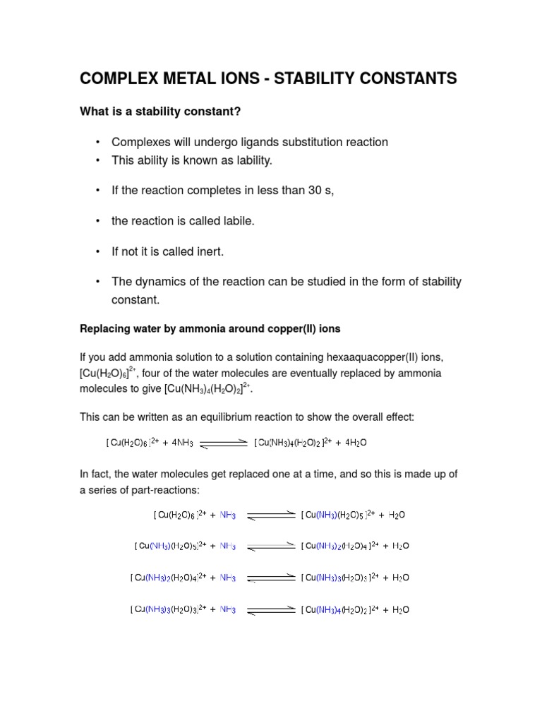 Stability Constant Complexes Metal Ions | PDF | Chelation | Chemical ...