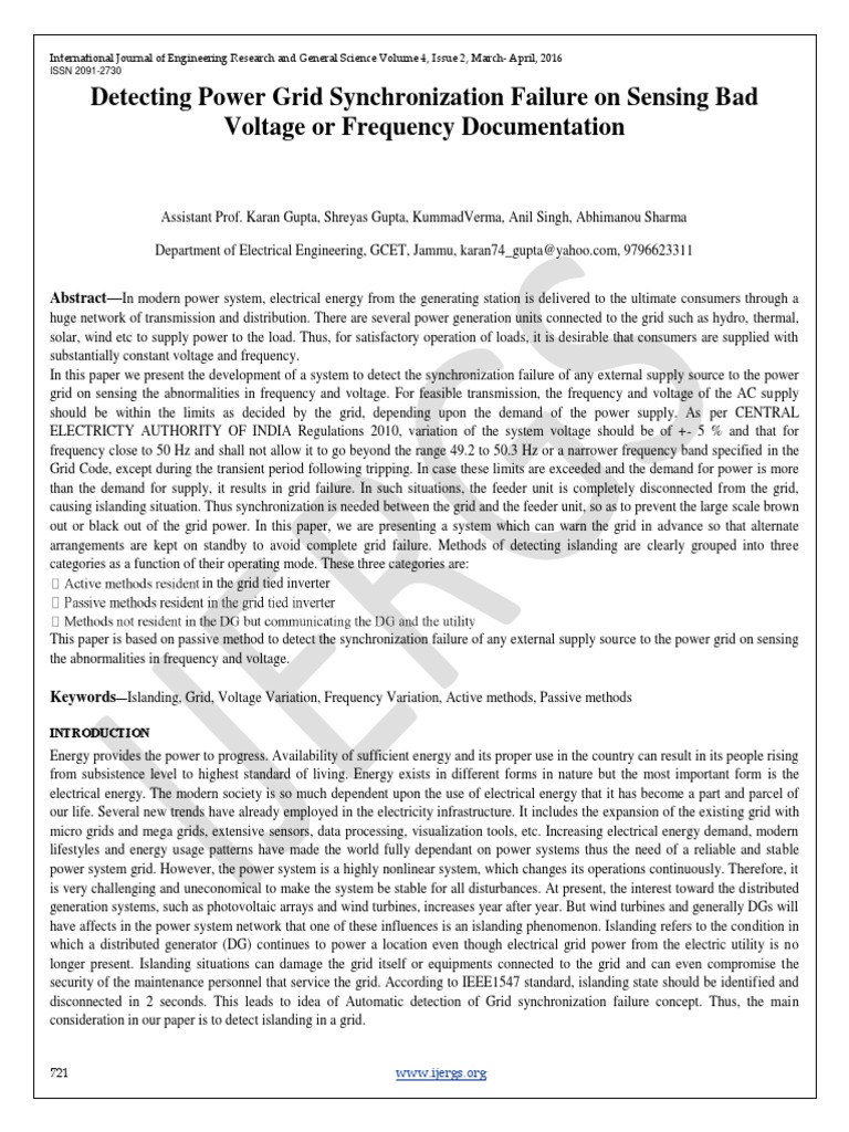 Detection of Power Grid Synchronization Failure Based on Abnormalities in Voltage and Frequency ...