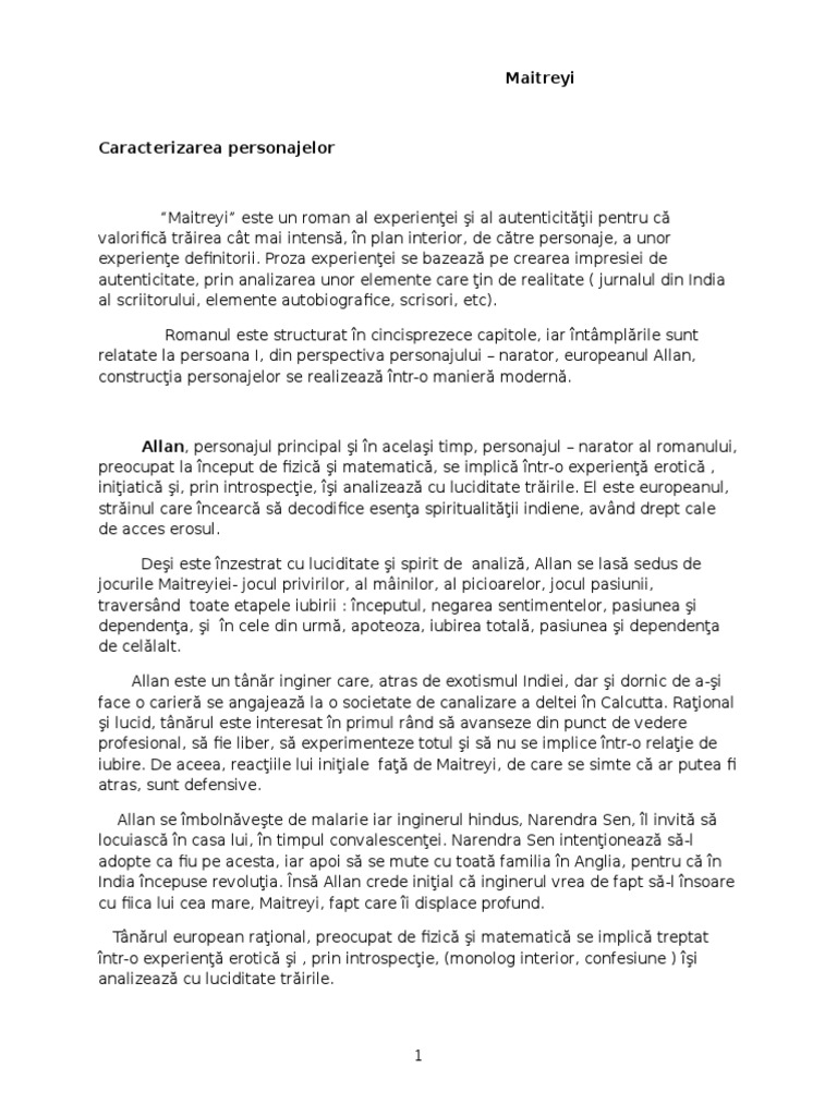 Caracterizare Personaje Maitreyi | PDF