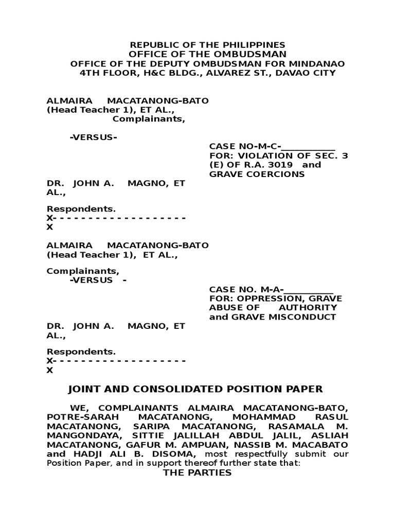 Ombudsman Complaint by Head Teacher Almaira Macatanong-Bato, Et Al ...