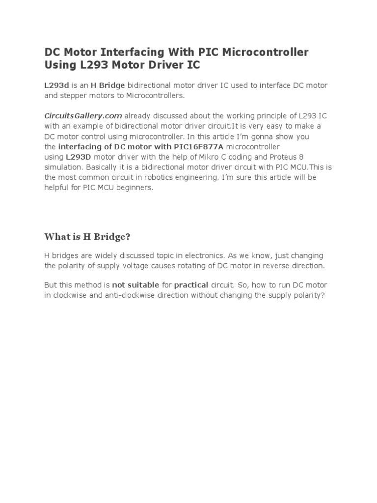 Dc Motor Interfacing With Pic Microcontroller Using L293 Motor Driver Ic Pdf Microcontroller