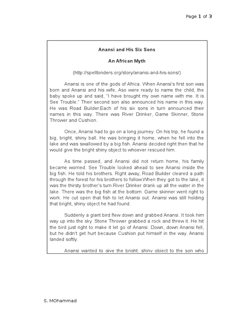 Anansi and His Six Sons An African Myth | PDF | Anansi