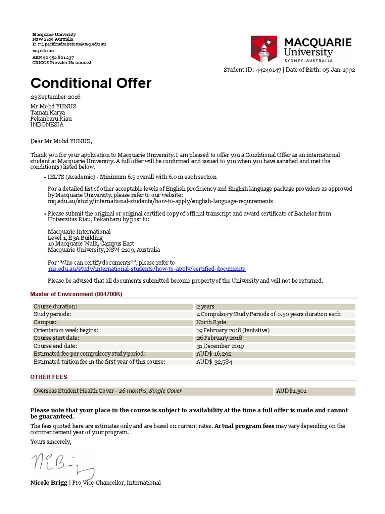 Yunus Mohd Menviron Letter of Offer | PDF | Academia | Students