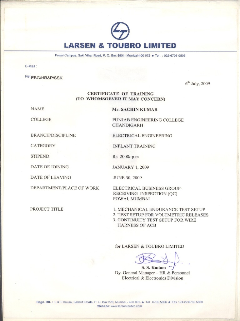 L&T Training Certificate | PDF