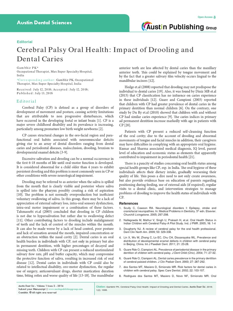 Cerebral Palsy Oral Health: Impact of Drooling and Dental Caries | PDF ...