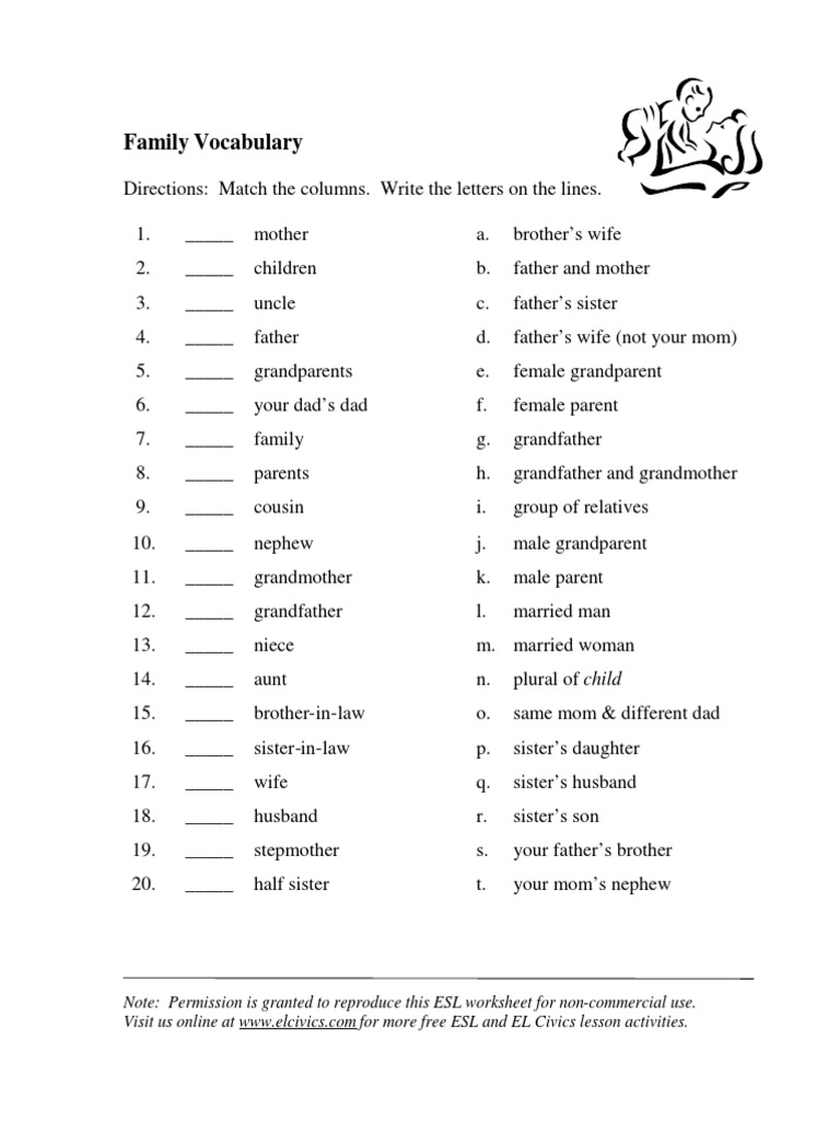 Family Vocabulary Matching Worksheet | PDF | Language Arts & Discipline