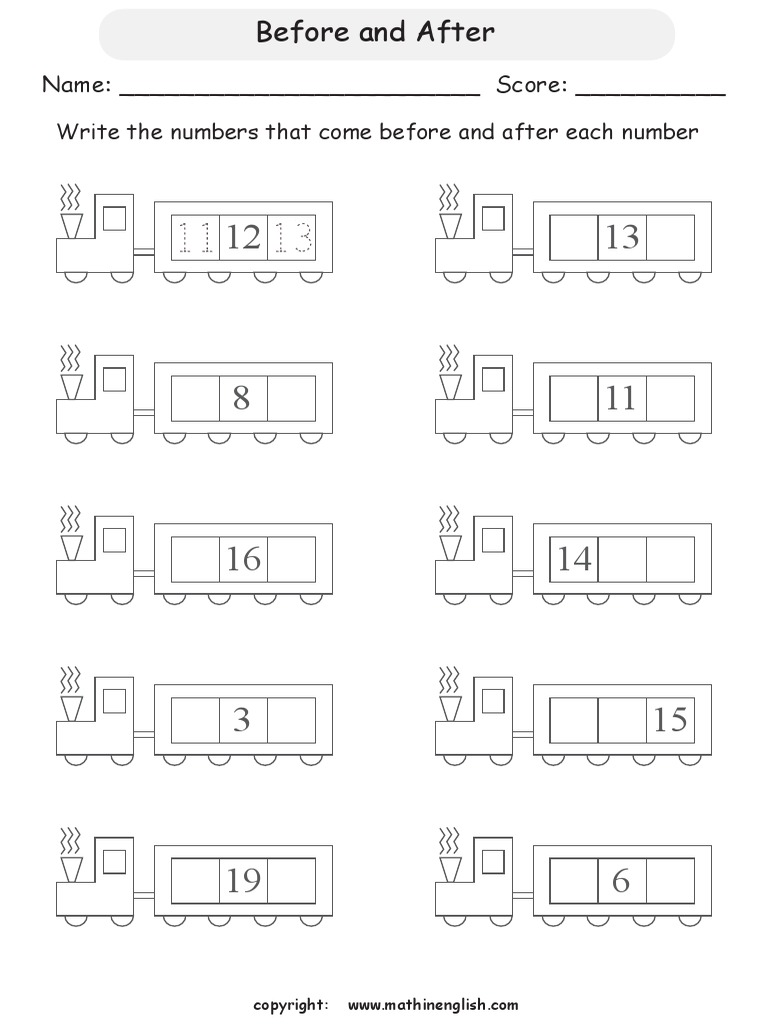Name: - Score: - : Write The Numbers That Come Before and After Each ...