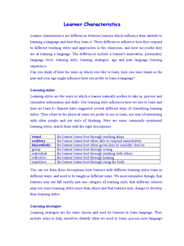 Learner Characteristics: Learning Styles | PDF | Learning Styles | Learning