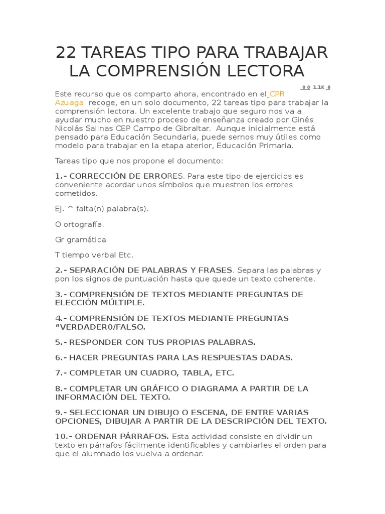 22 Tareas Tipo para Trabajar La Comprensión Lectora | PDF | Comprensión ...