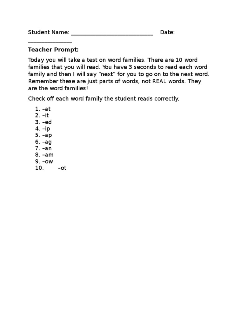 Word Family Assessment | PDF
