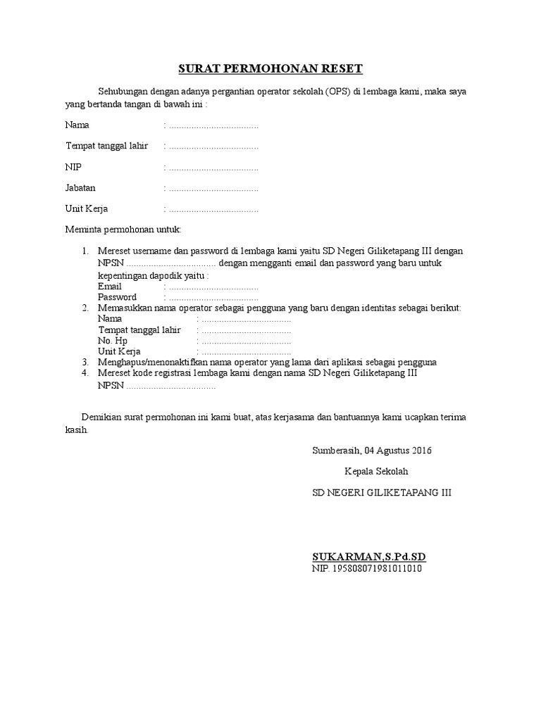 Contoh Surat Permohonan Reset Operator Sekolah | PDF