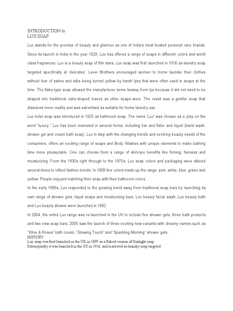 Introduction To Lux Soap | PDF | Unilever | Personal Hygiene Products