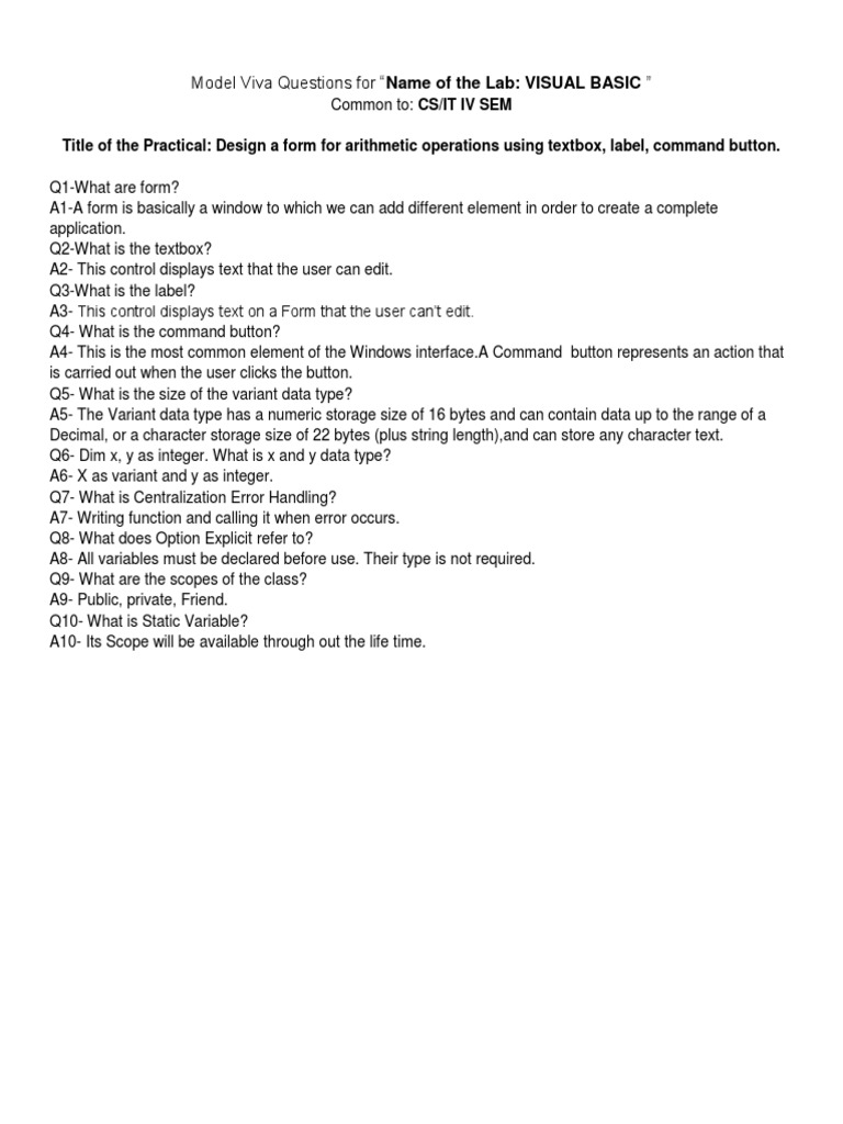 Model Viva Questions For "Name of The Lab: VISUAL BASIC " | PDF | Variable (Computer Science ...