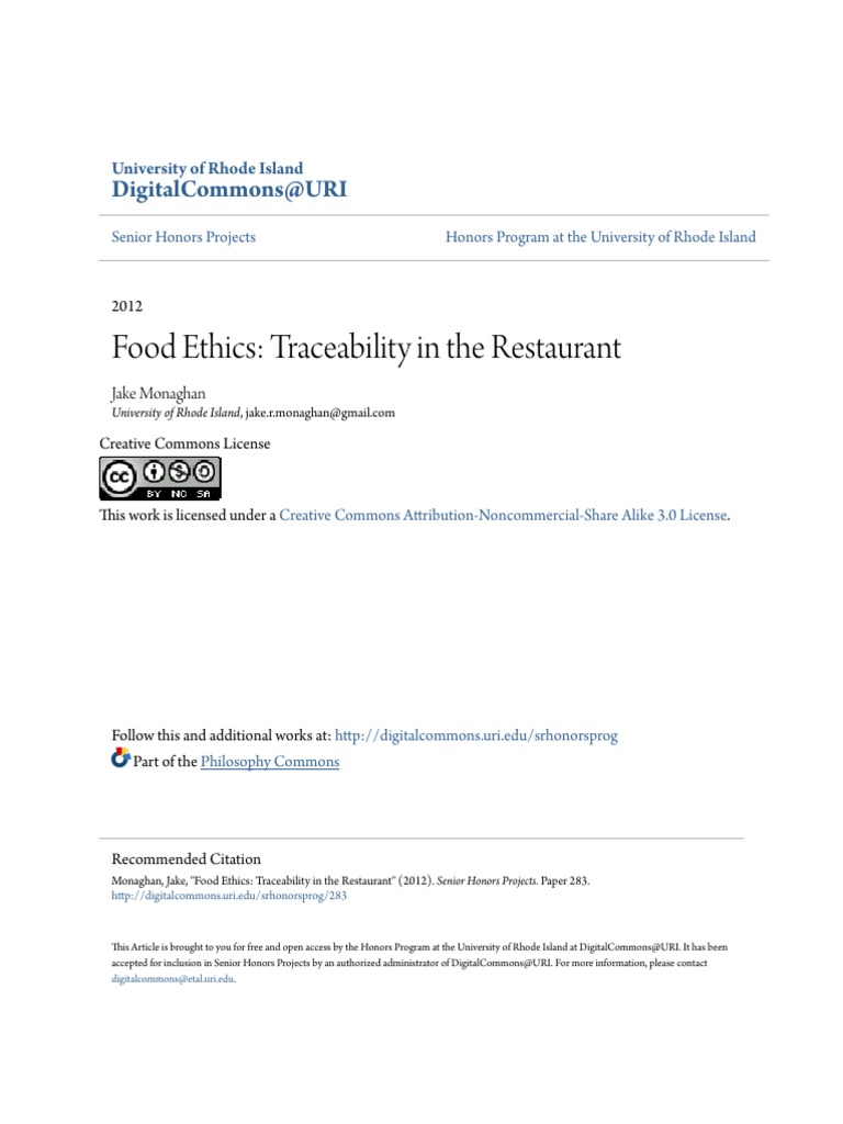 Food Ethics: Traceability in The Restaurant: Digitalcommons@Uri | PDF ...