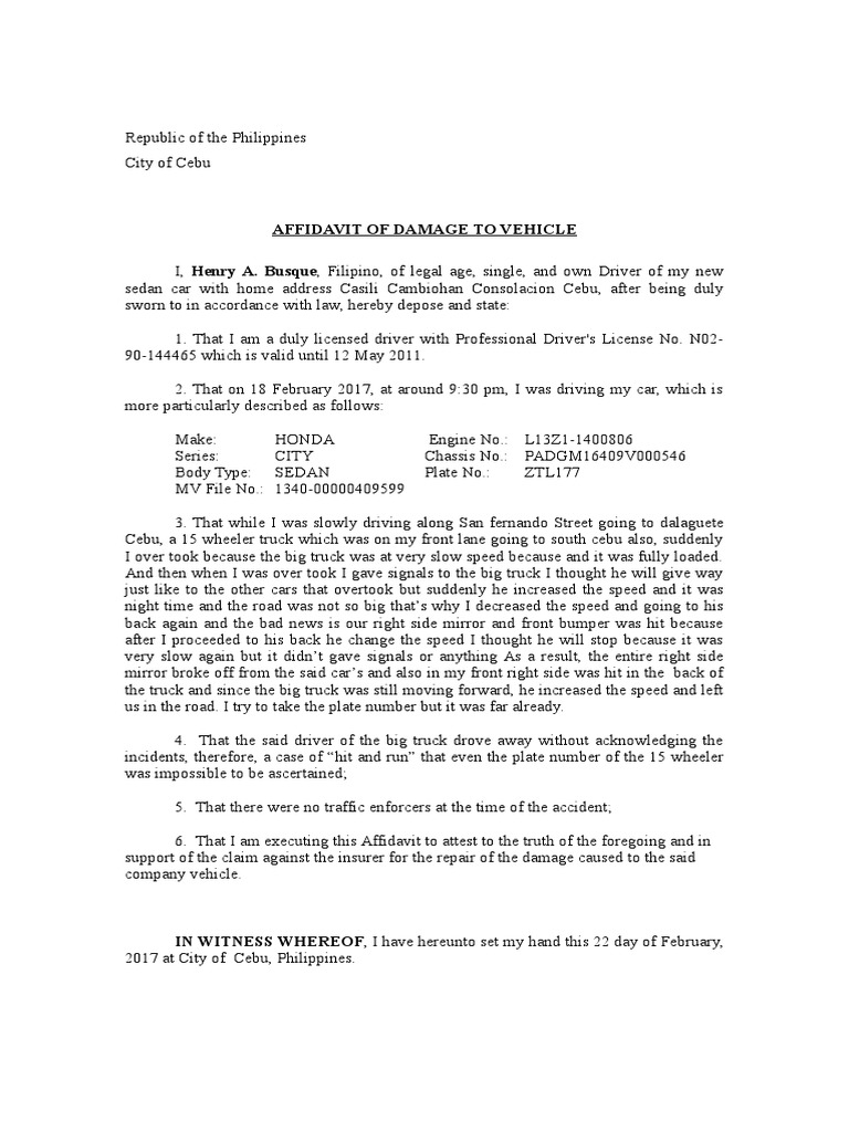 Affidavit of Damage To Vehicle | PDF | Truck | Car