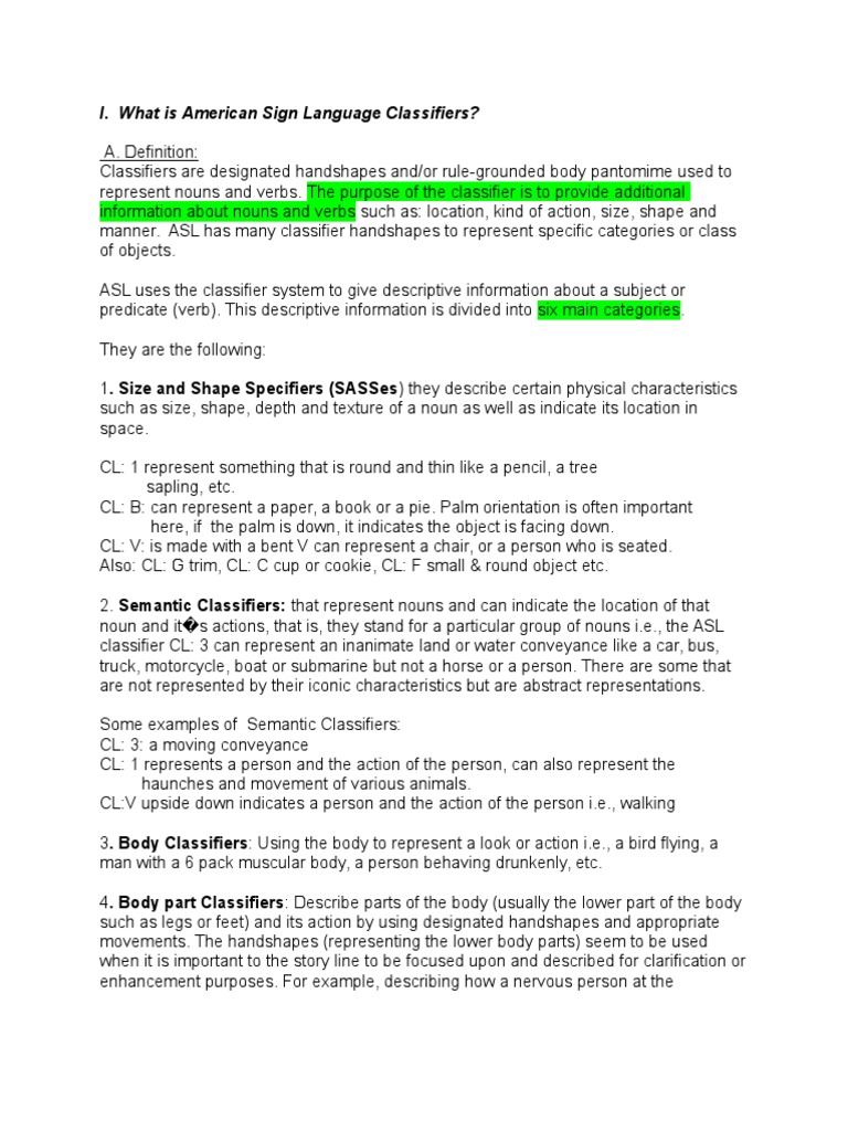 Classifier Worksheet | PDF | American Sign Language | Noun