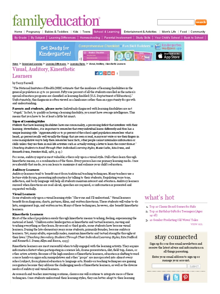 Visual, Auditory, Kinesthetic Learners | PDF | Learning Styles ...