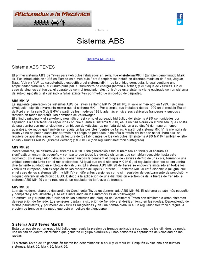 Sistemas ABS - ABS Teves Mark II, MK IV, MK 20, MK 60 | PDF | Sistema ...