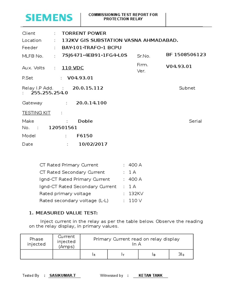 Test Report Bay 101 Trafo-1 Bcpu | PDF | Amplifier | Power (Physics)