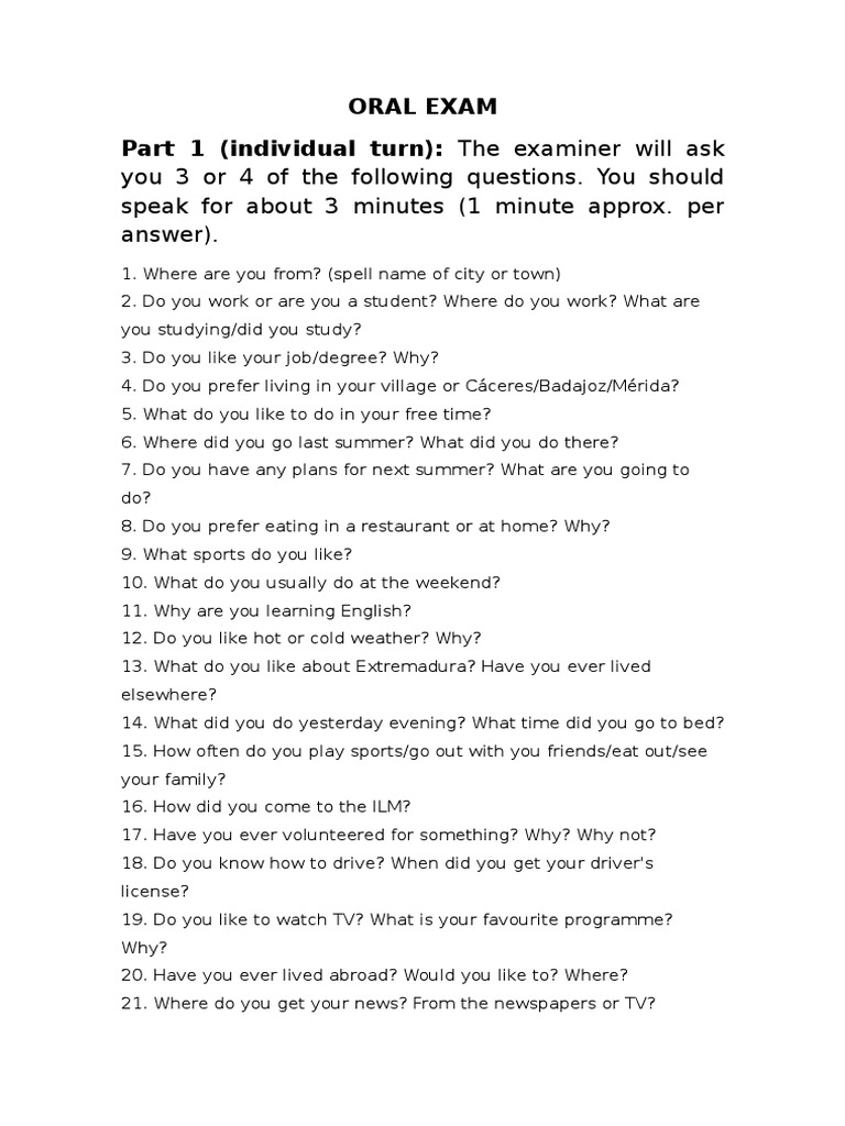 ORAL EXAM B1 Part 1 Questions | PDF