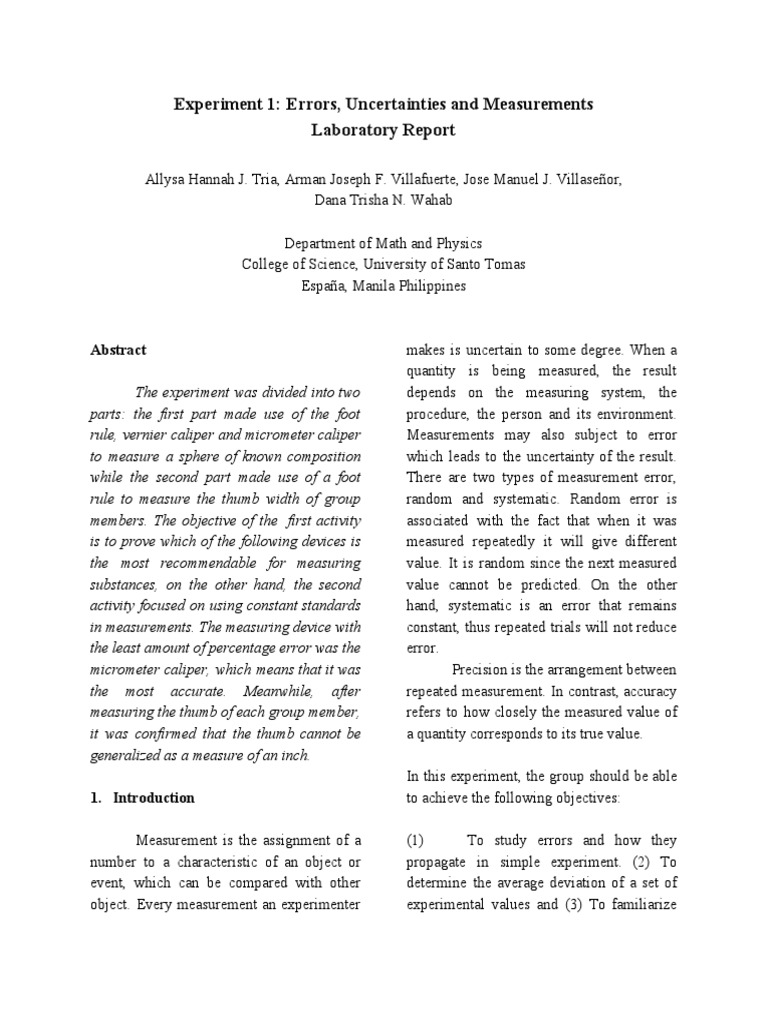 Physics Lab Experiment 1 | PDF | Accuracy And Precision | Observational Error