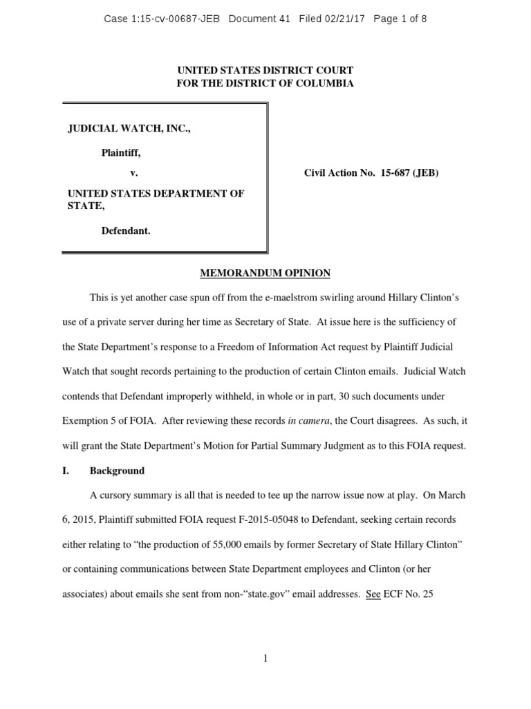 Judicial Watch v. US Department of State, Civil Action No. 15-687 (JEB ...