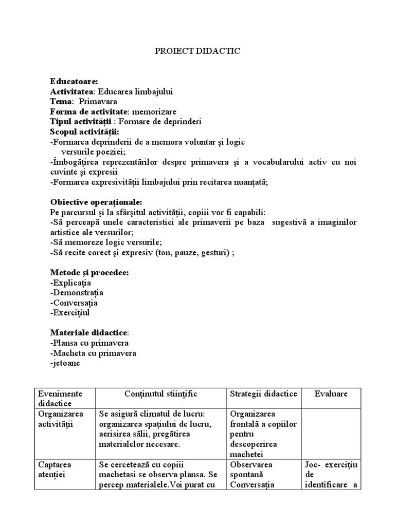 Educarea Limbajului-Tema Primavara | PDF