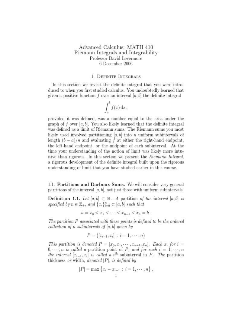 Advanced Calculus: MATH 410 Riemann Integrals and Integrability | PDF | Integral | Calculus