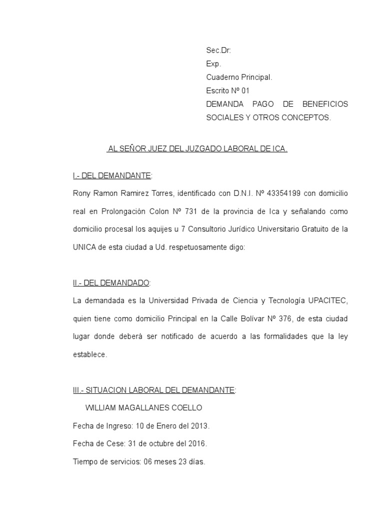 Demanda de Pago de Beneficios Sociales. Wiliam Magallanes. | PDF | Derecho laboral | Demanda ...