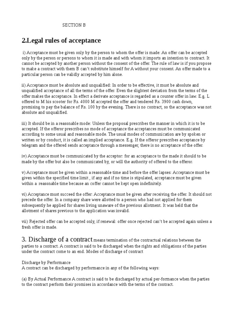 2.legal Rules of Acceptance: 3. Discharge of A Contract | PDF | Offer ...