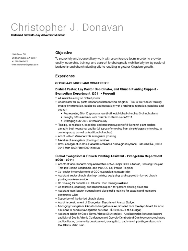 Chris Donavan Resume 2017 | PDF | Laity | Seventh Day Adventist Church