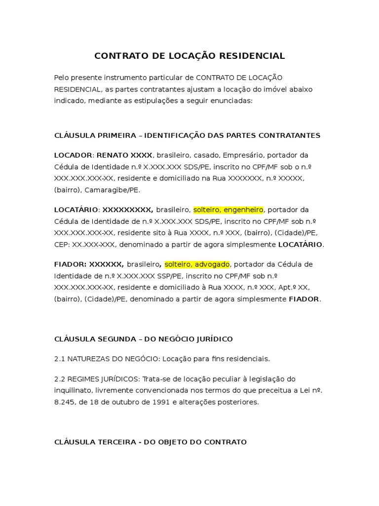 Contrato De Aluguel Residencial Modelo Pdf Aluguel Lei Das