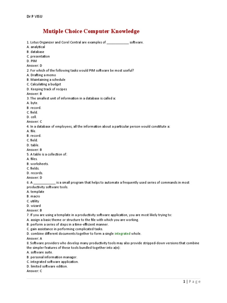 Mutiple Choice Computer Knowledge: DR P Visu | PDF | Operating System ...