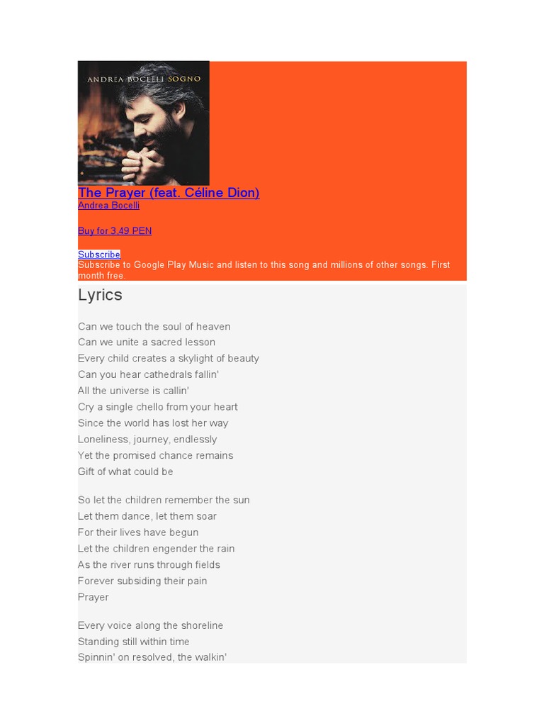 Lyrics: The Prayer (Feat. Céline Dion) | PDF