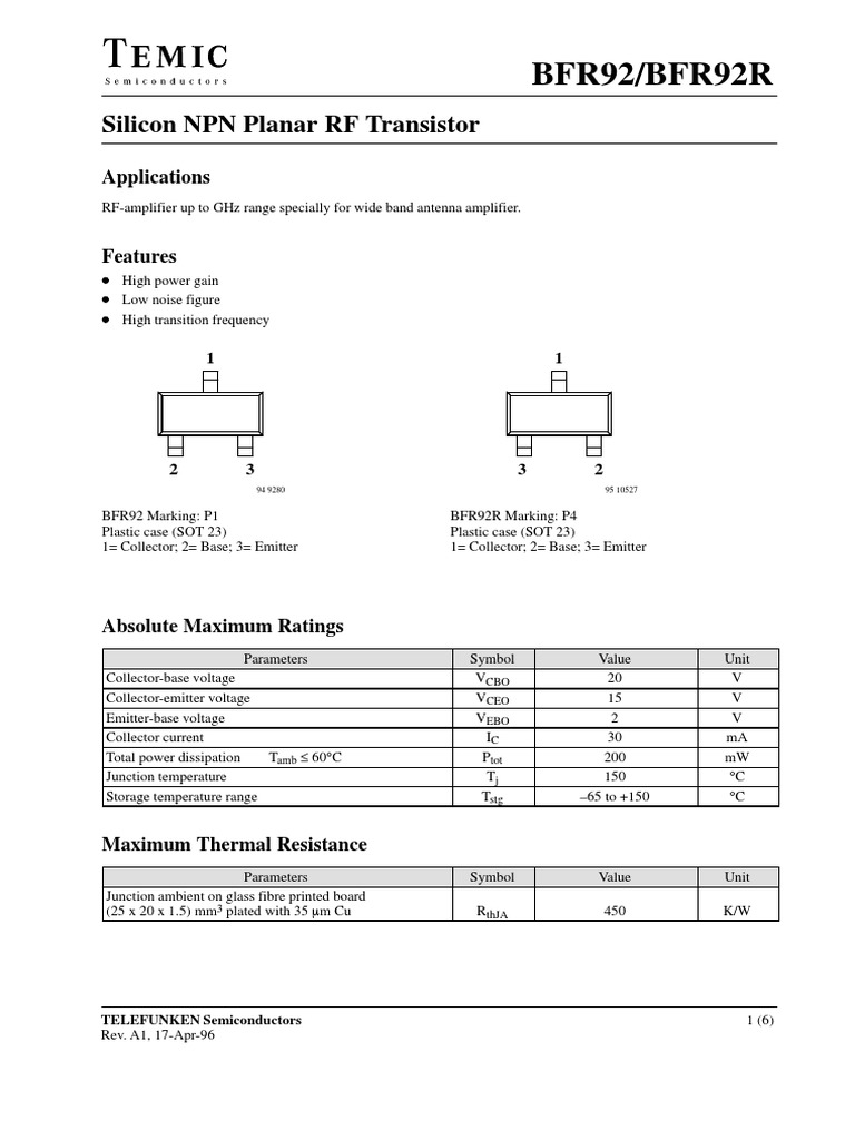 BFR92/BFR92R: Silicon NPN Planar RF Transistor | PDF | Electrical ...