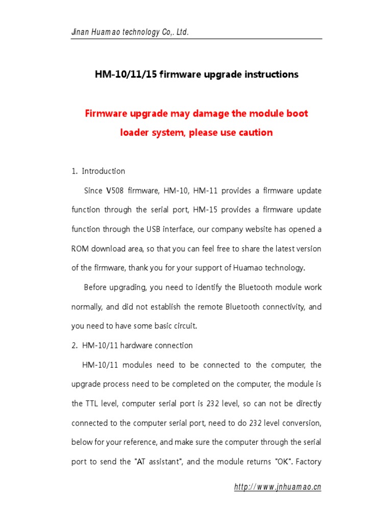 HM-10/11/15 Firmware Upgrade Instructions: Firmware Upgrade May Damage The Module Boot Loader ...