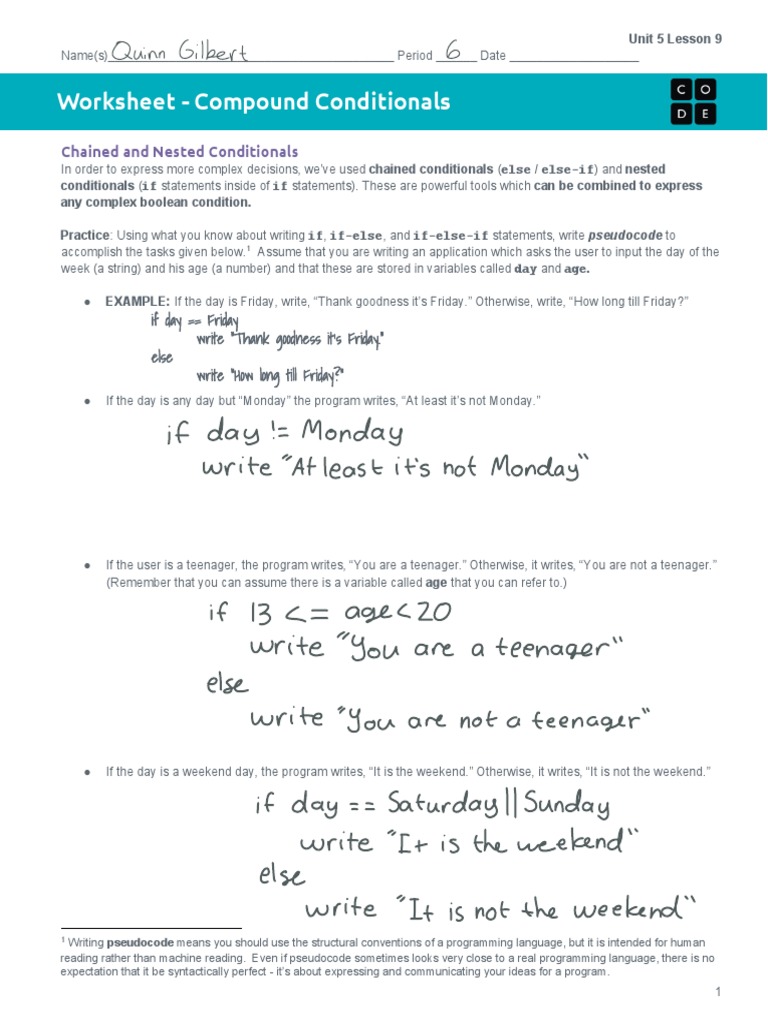 Worksheet Compound Conditionals Chained And Nested Conditionals Download Free Pdf Boolean