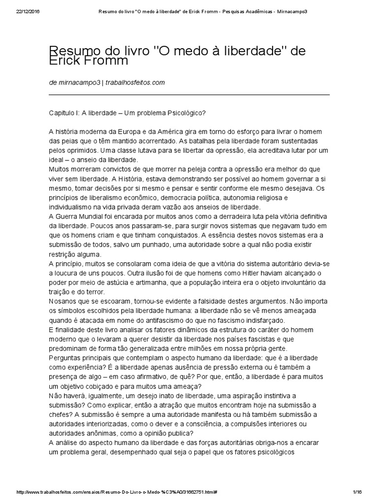 Resumo Do Livro - O Medo À Liberdade - de Erick Fromm | PDF | Liberdade | Nazismo