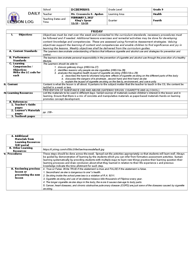 Grade 8 Health | PDF | Substance Abuse | Tobacco Smoking
