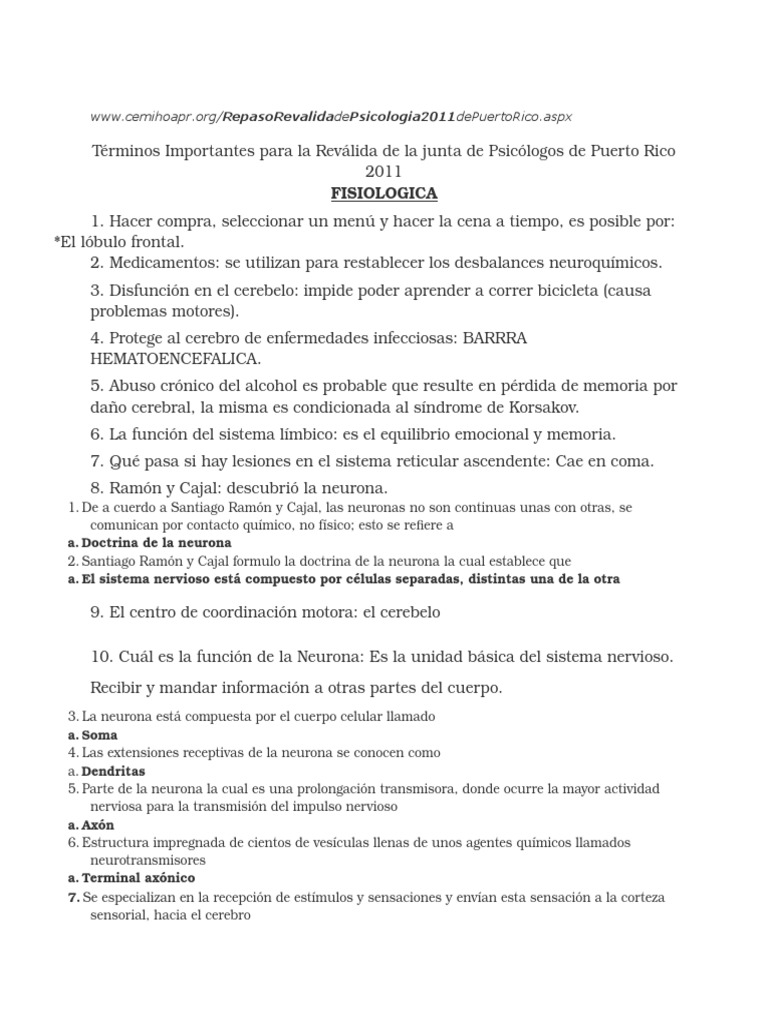 Repaso Reválida Psicología 2025 PR | PDF | Sinapsis | Corteza visual