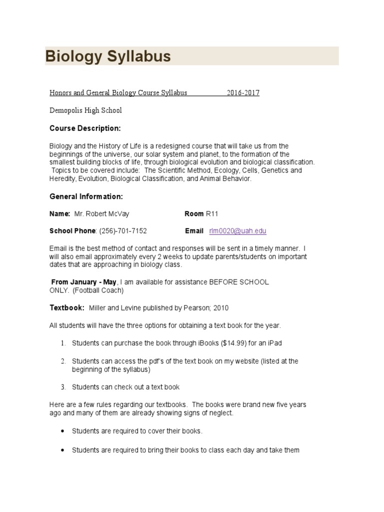 Demopolis High School Biology Syllabus | PDF | Homework | Textbook
